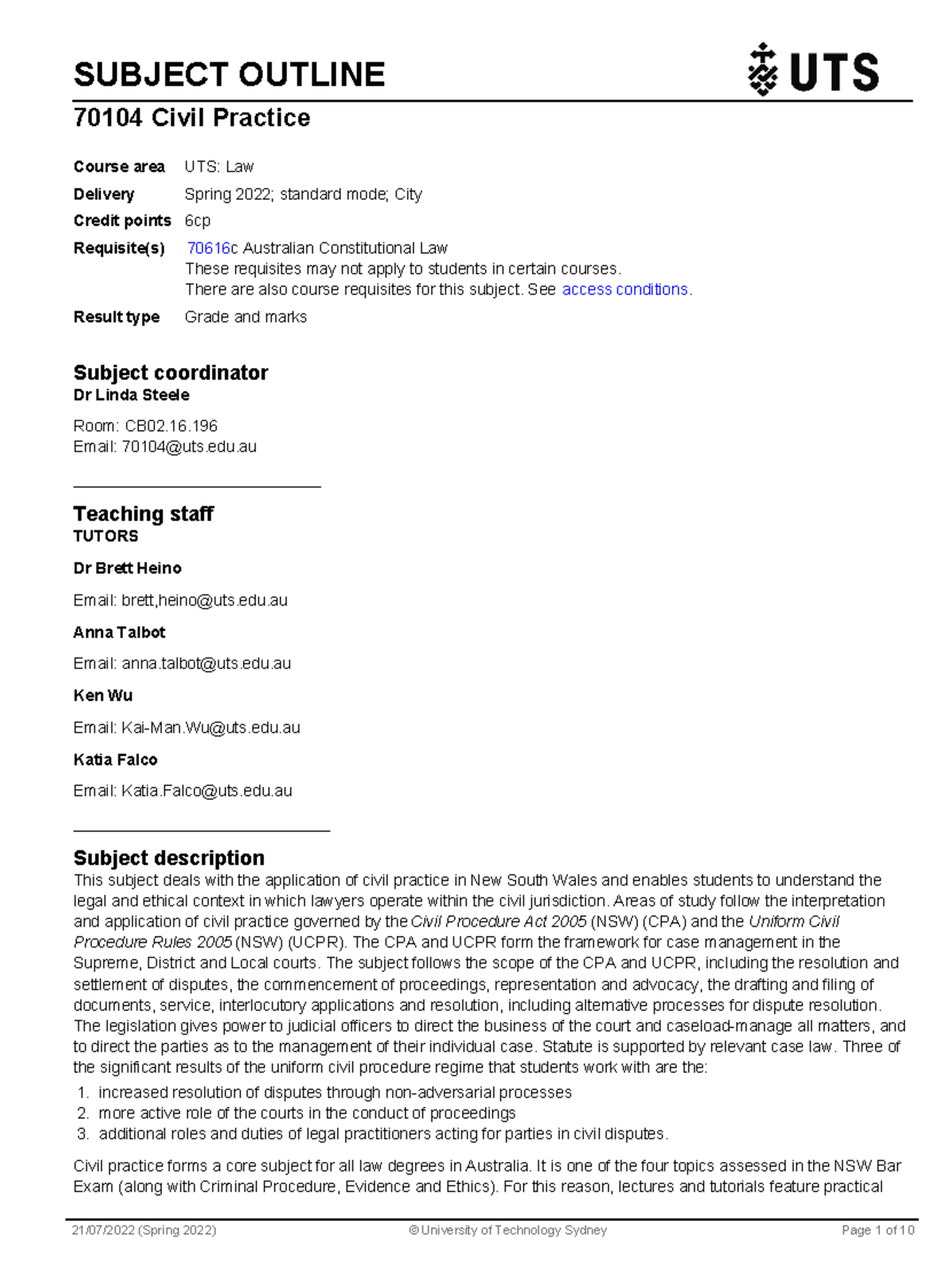 Civil prac - Subject outline - SUBJECT OUTLINE 70104 Civil Practice ...