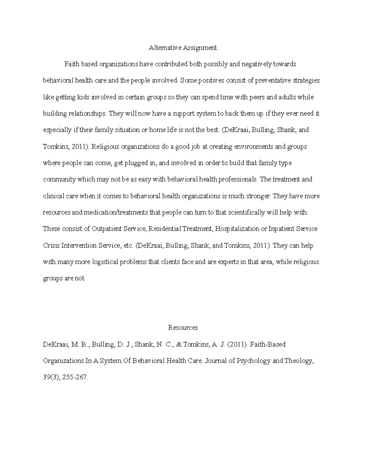 Alternative Assignment - Alternative Assignment Faith based ...