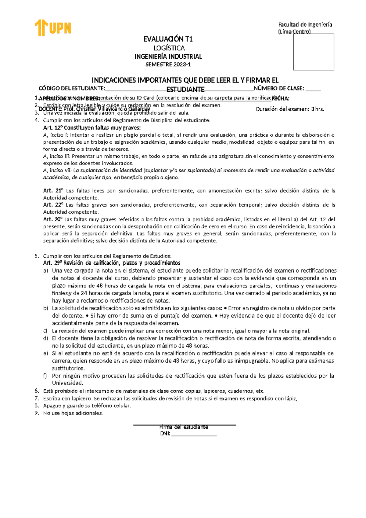A1 Evaluación T1 Logistica - (Lima Centro) CÓDIGO DEL ESTUDIANTE ...