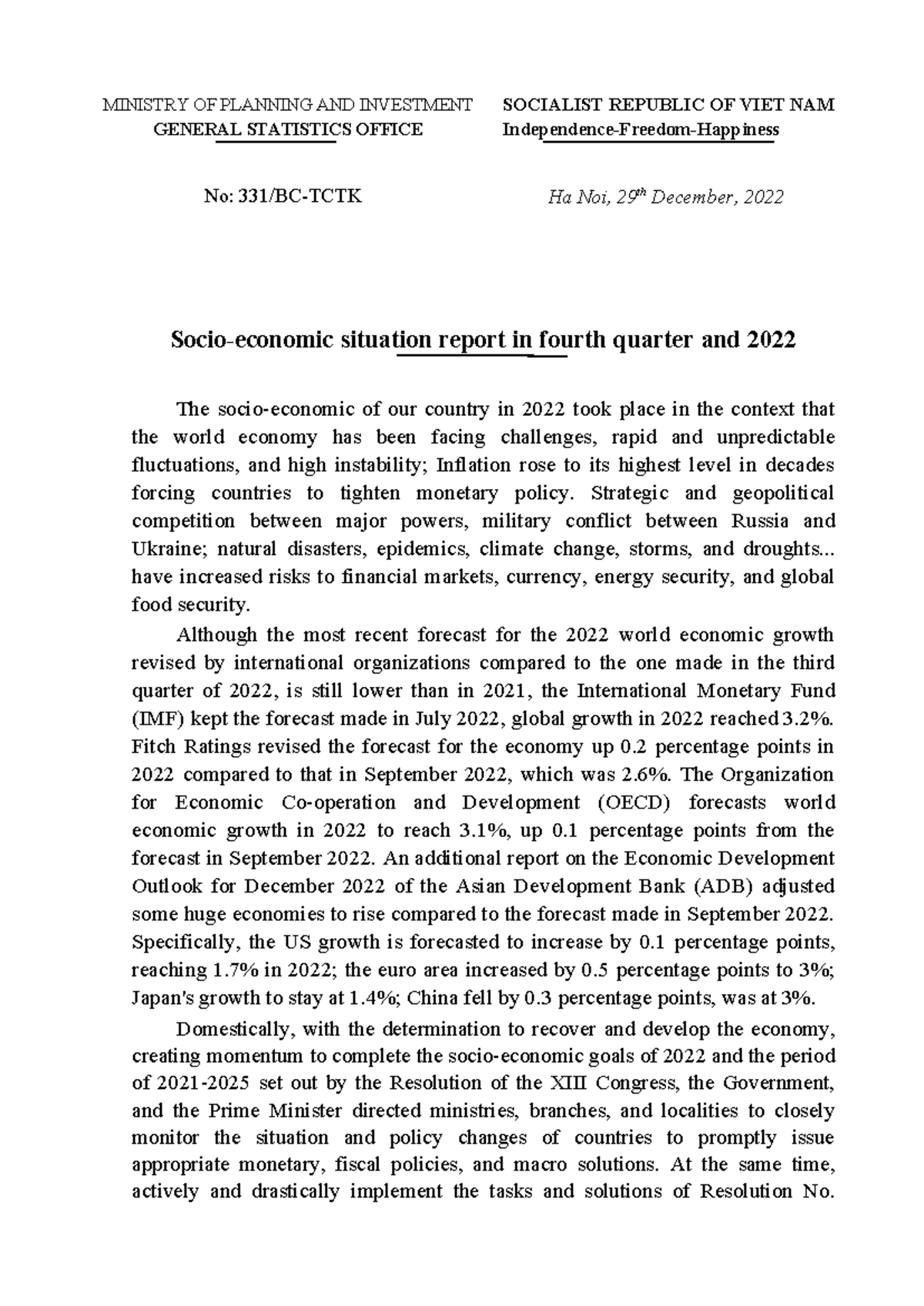 01 Report 12 2022 - Socio-economic situation report in fourth quarter ...