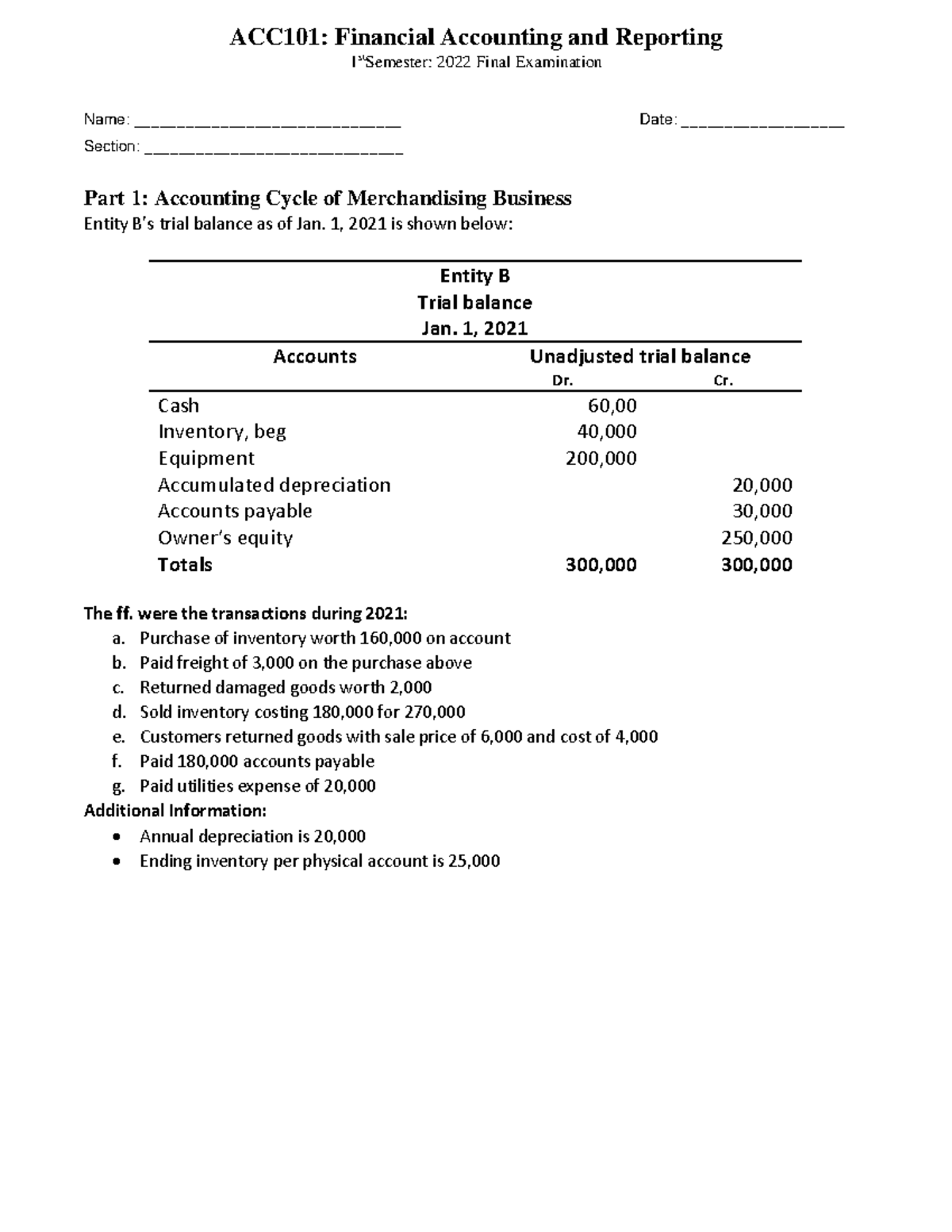 Financial Accounting and Reporting Finals Sample Exam - ACC101 ...