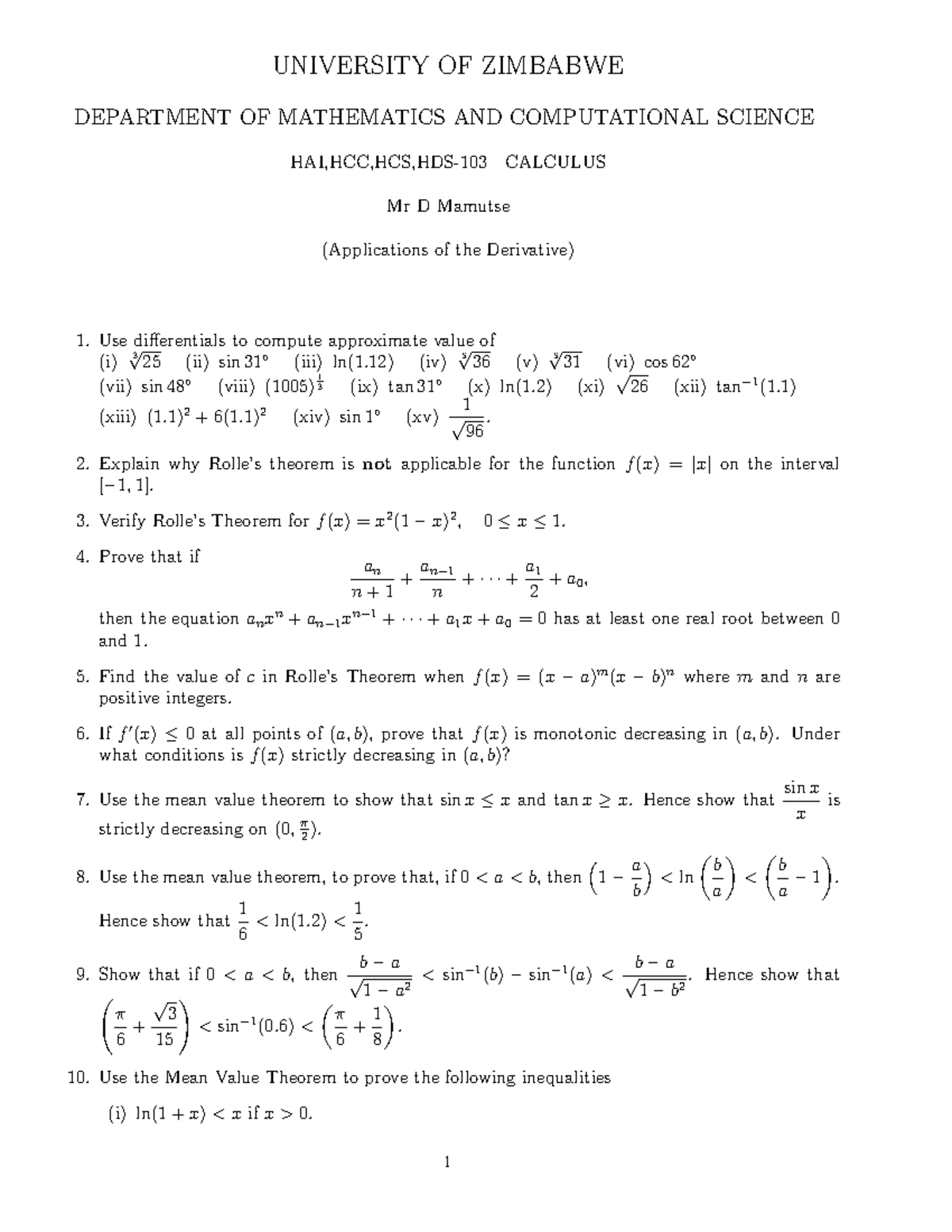 Calculus T4(DFM) - Good notes - UNIVERSITY OF ZIMBABWE DEPARTMENT OF ...
