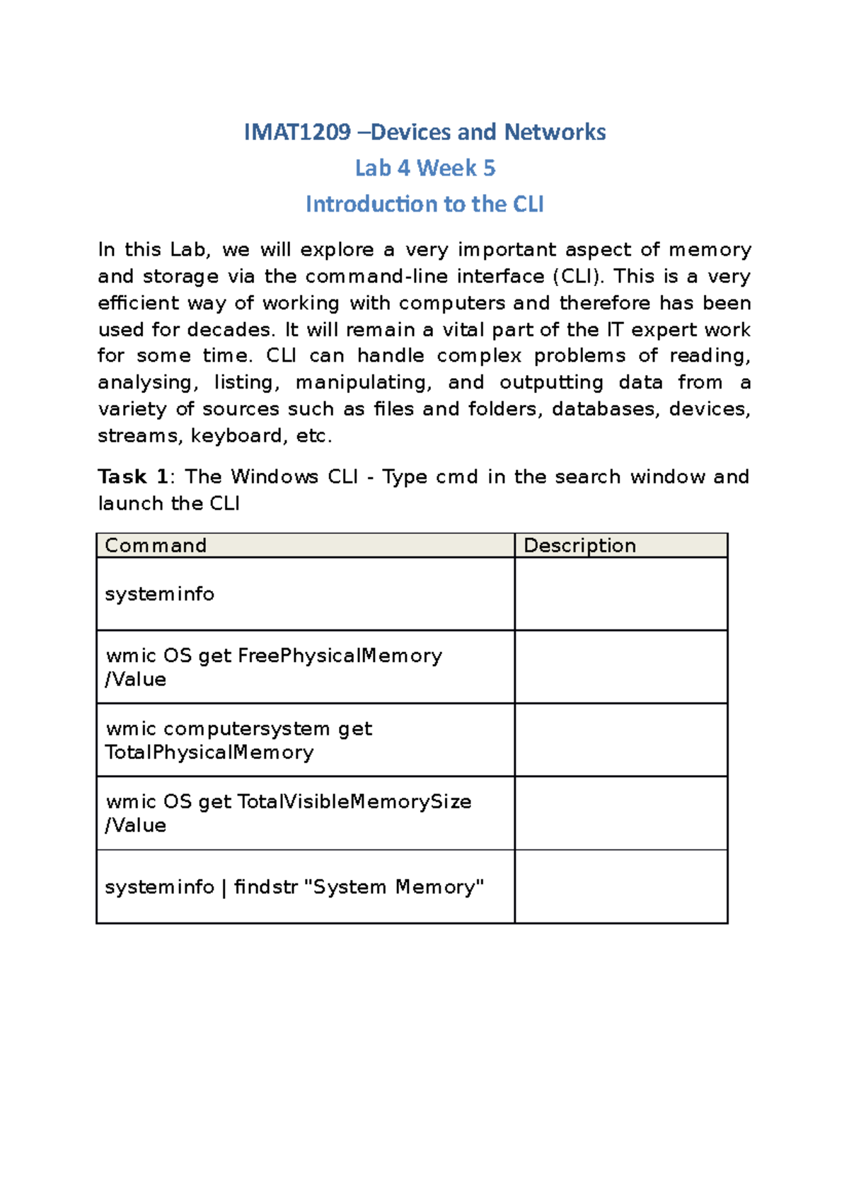 Imat1209 Lab 4 Cli Commands Imat1209 Devices And Networks Lab 4 Week 5 Introduction To The