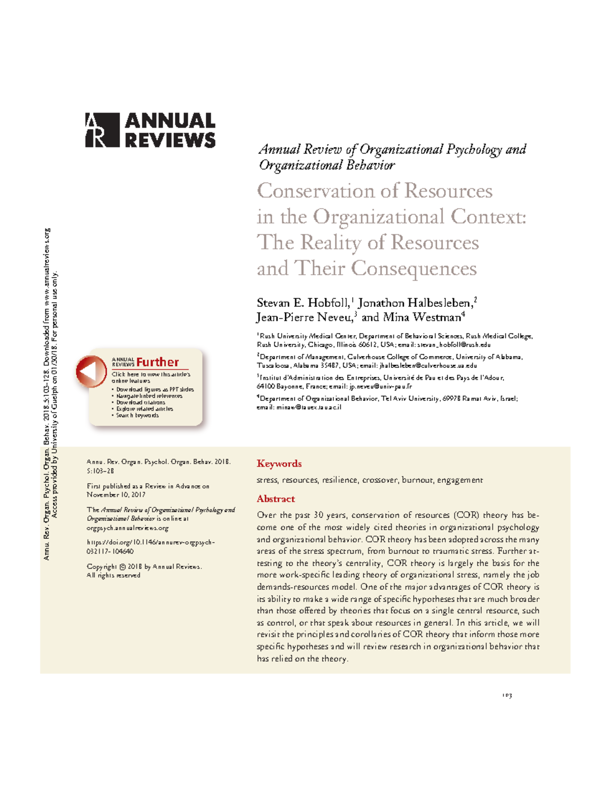 COR theory Hobfoll et al., 2018 - Annual Review of Organizational ...