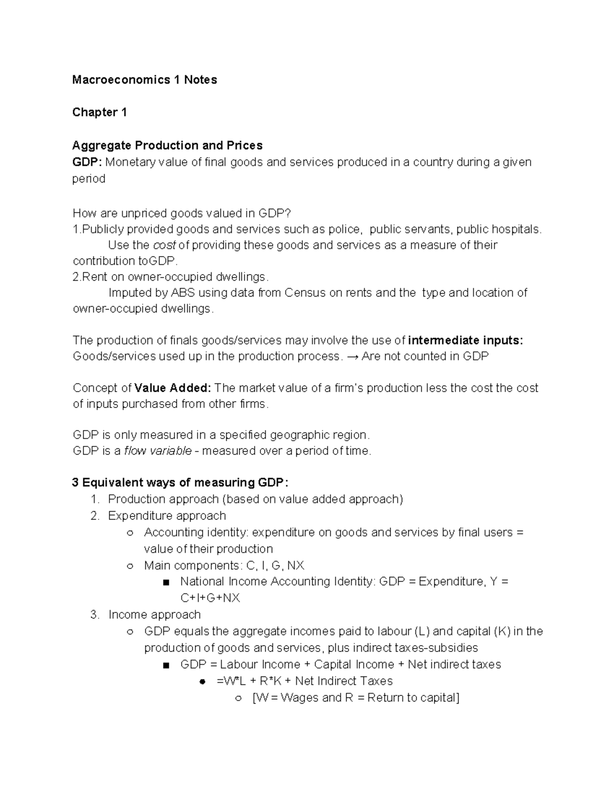 Econ1102 Notes - Macroeconomics 1 Notes Chapter 1 Aggregate Production ...
