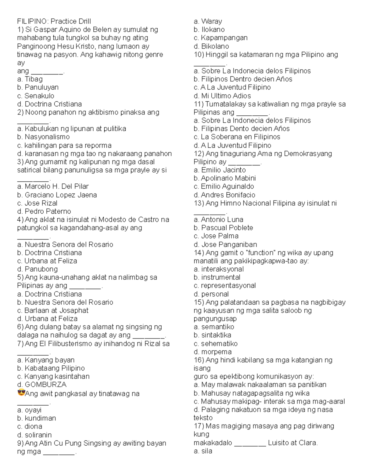 Filipino - Reviewer - FILIPINO: Practice Drill Si Gaspar Aquino de ...