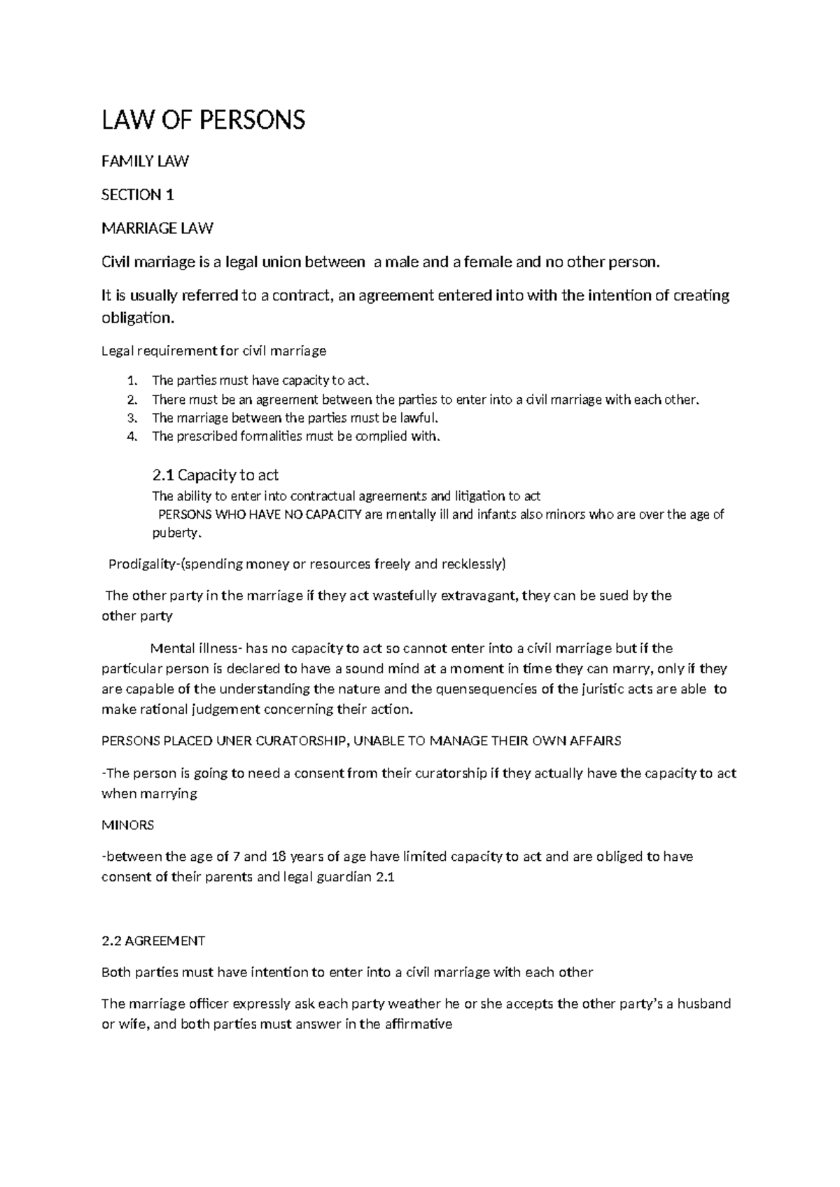 LAW OF Persons - LAW OF PERSONS FAMILY LAW SECTION 1 MARRIAGE LAW Civil marriage is a legal ...