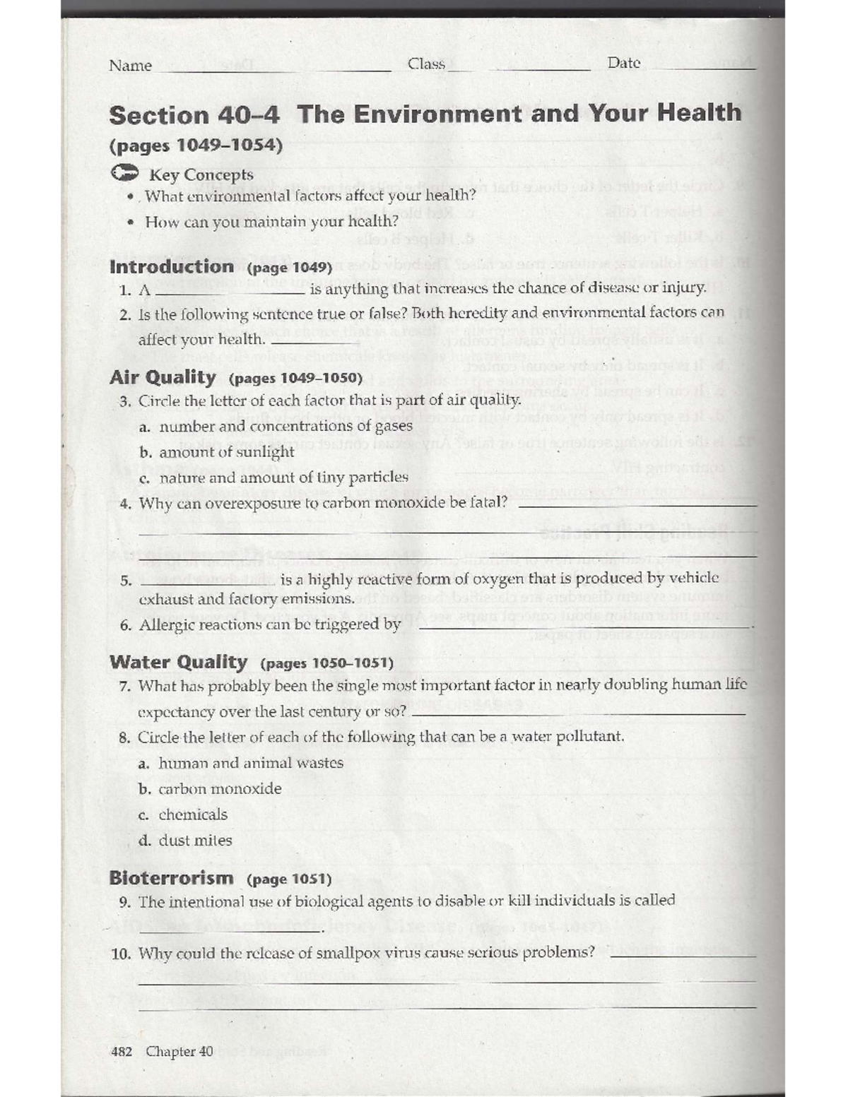 Chapter 40 section 4 worksheet Environment and your health - Name Class ...