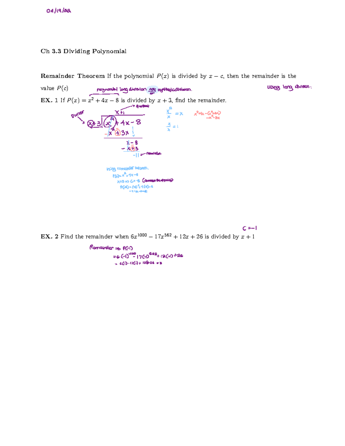 Ch+3 - lecture notes - Ch 3 Dividing Polynomial Remainder Theorem If ...