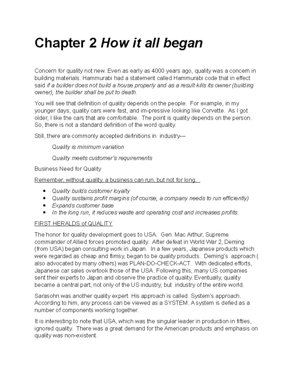 Quality - Chapter 2 - Chapter 2 How it all began Concern for quality ...