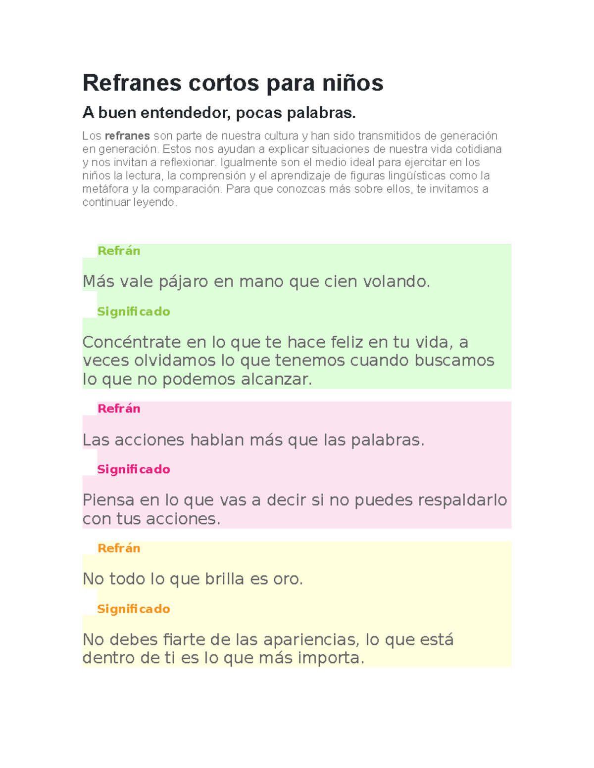 Refranes cortos para niños - Refranes cortos para niños A buen ...