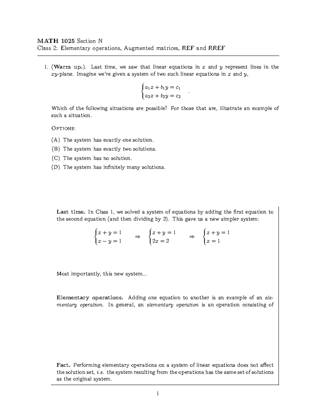Class 2 Notes - MATH 1025 Section N Class 2: Elementary operations ...