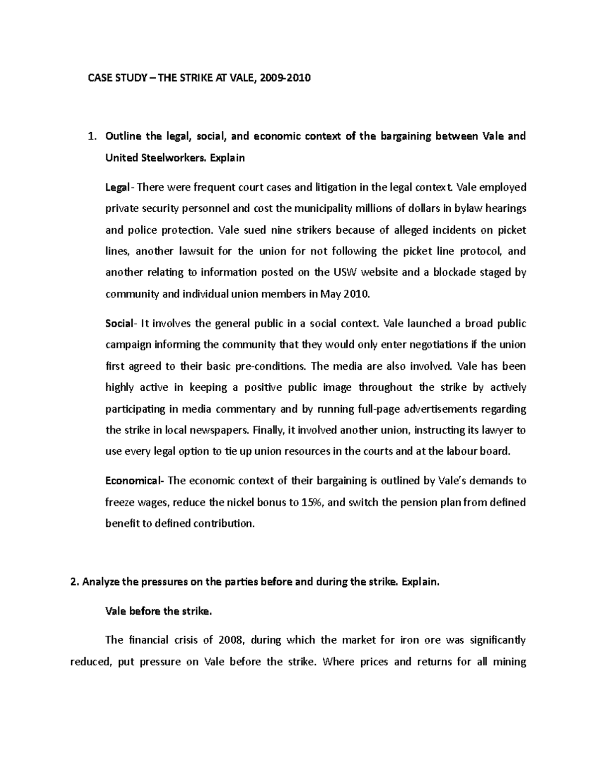 The Strike at Vale Case Study - CASE STUDY – THE STRIKE AT VALE, 2009 ...