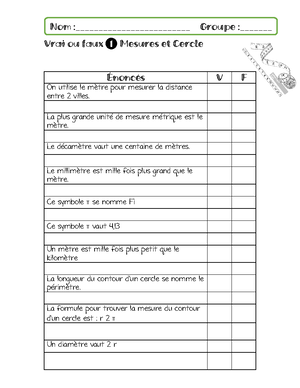 Vrai ou faux mesure et cercle - Vrai ou faux 1 Mesures et Cercle ..Ès V ...