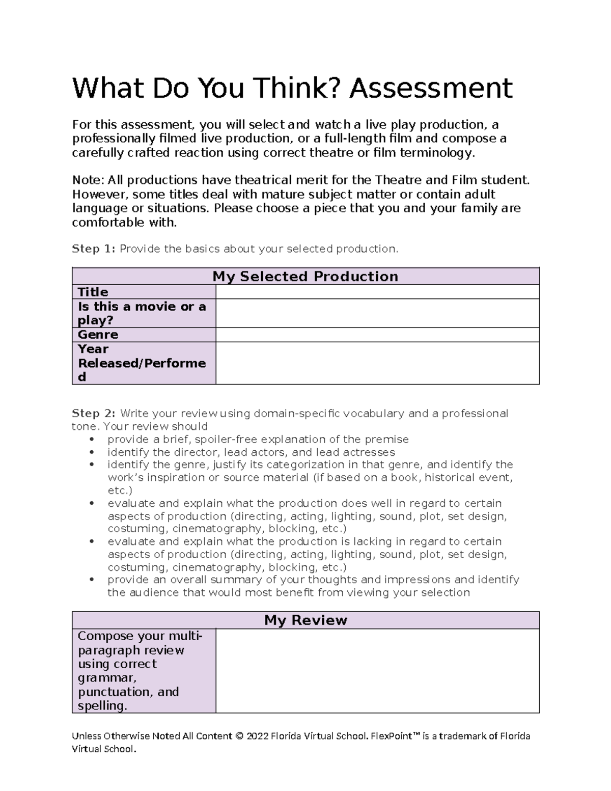What do you think assessment - What Do You Think? Assessment For this ...