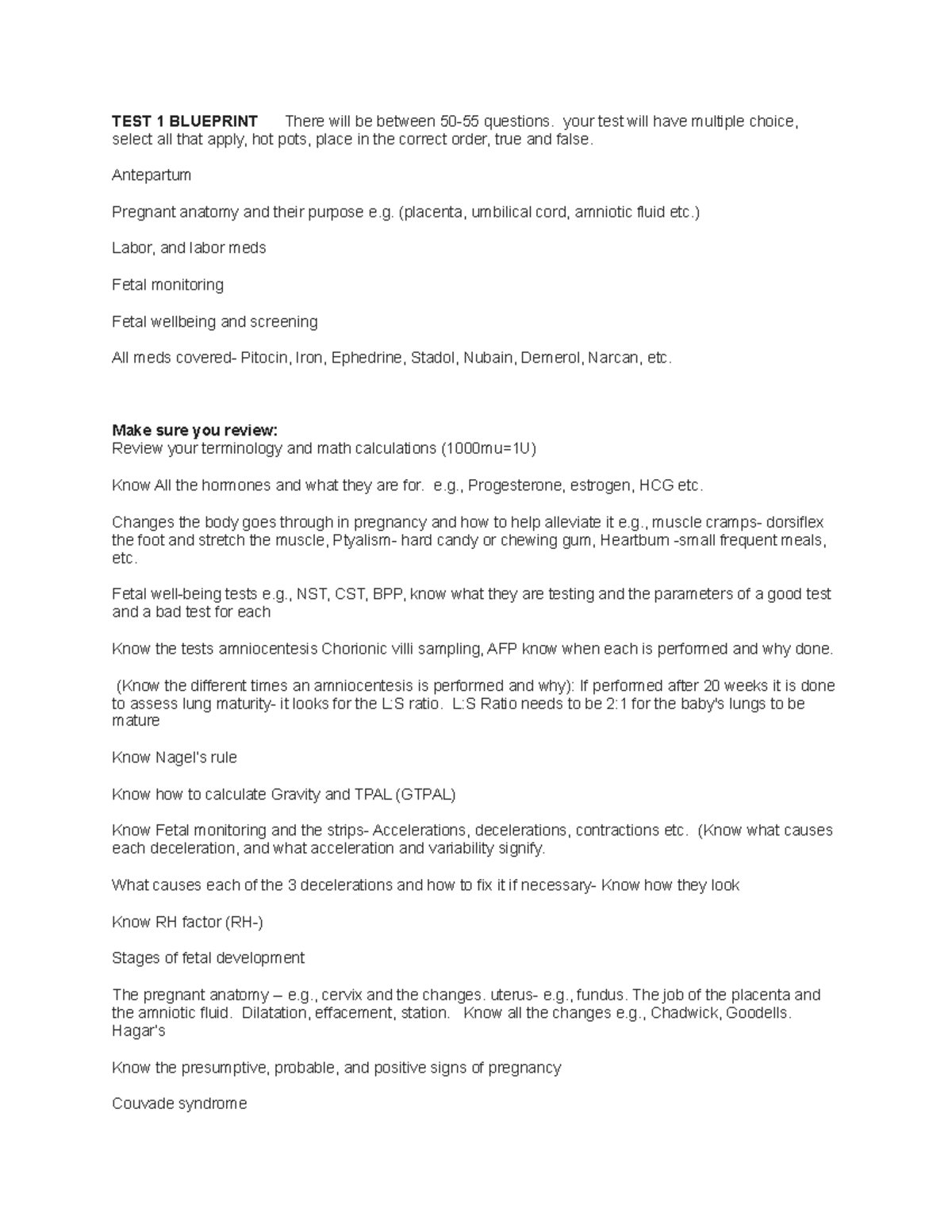 OB TEST 1 Blueprint - exam 1 outline - TEST 1 BLUEPRINT There will be ...