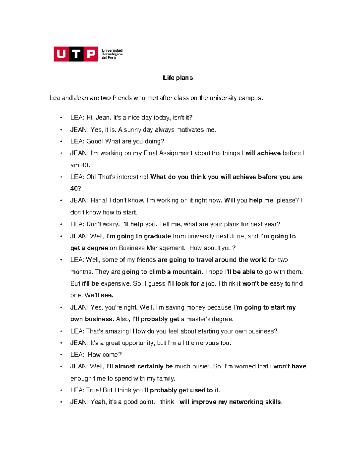 Week 13 - Script - Life plans - Life plans Lea and Jean are two friends ...