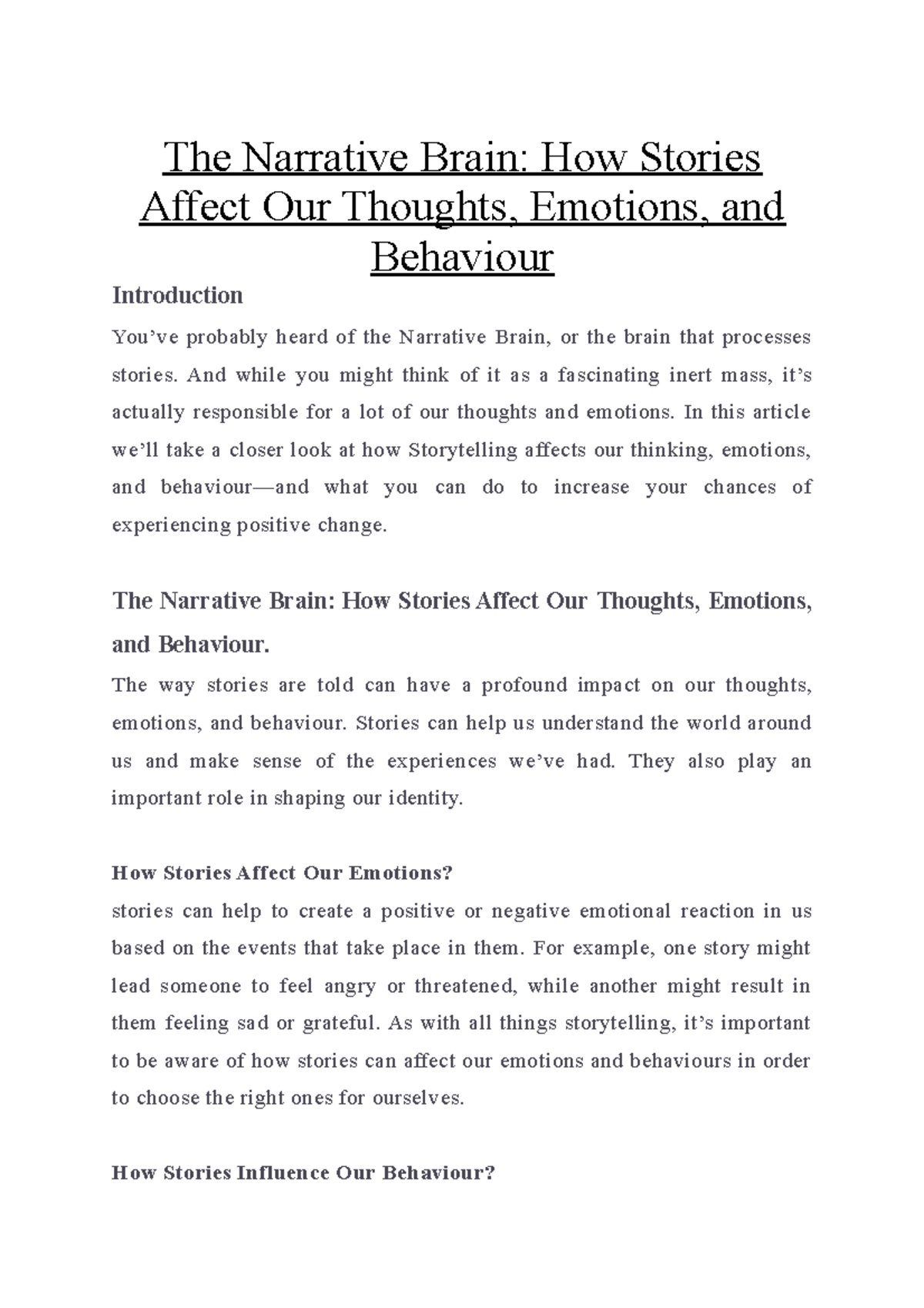 The Narrative Brain How Stories Affect Our Thoughts, Emotions, and ...
