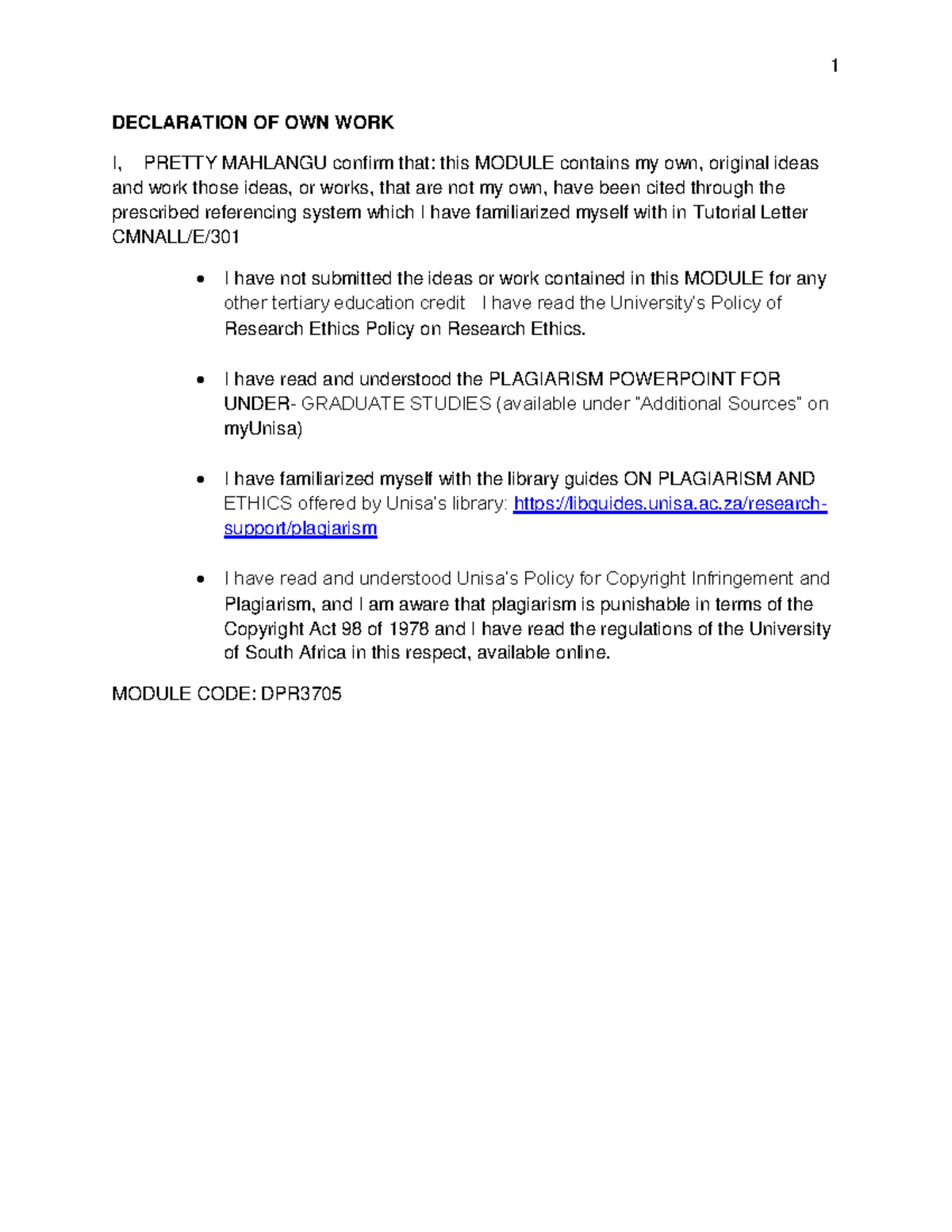 Supplementary Portfolio DPR3705 67075118 - DECLARATION OF OWN WORK I, PRETTY MAHLANGU confirm ...