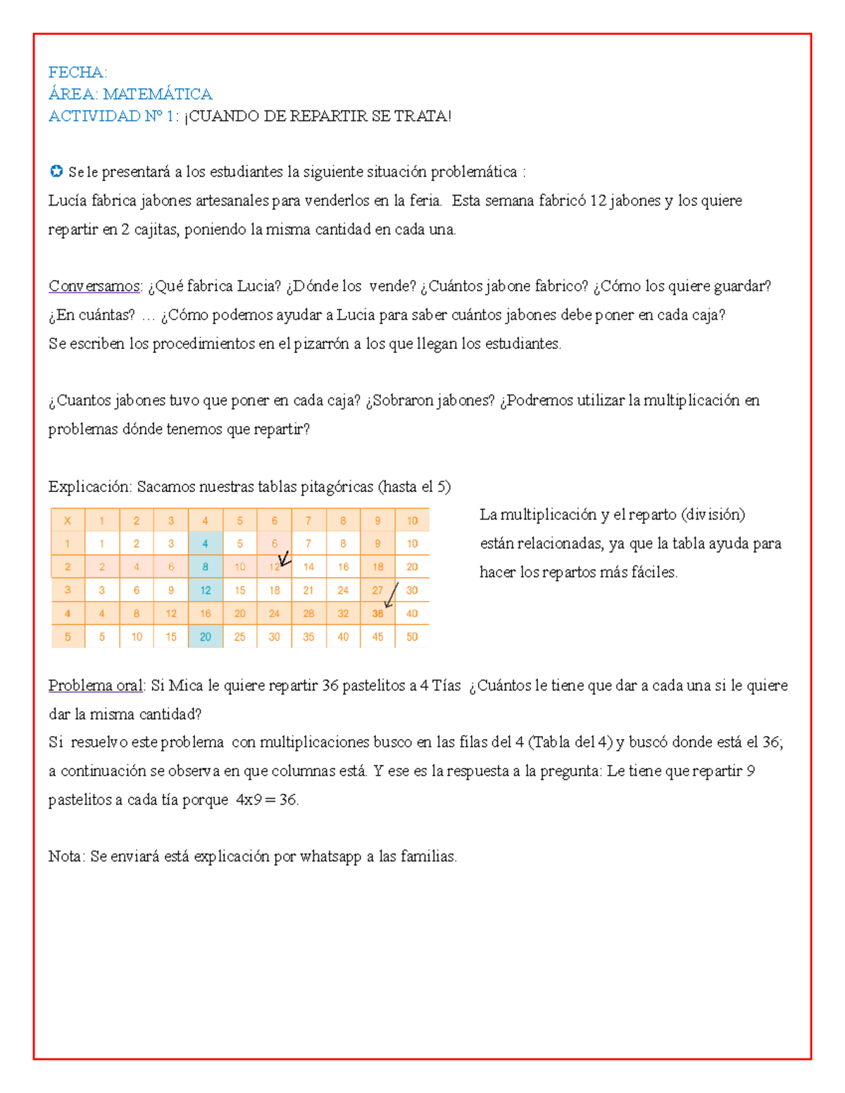 Multiplicación y Reparto segundo grado - FECHA: ÁREA: MATEMÁTICA ...