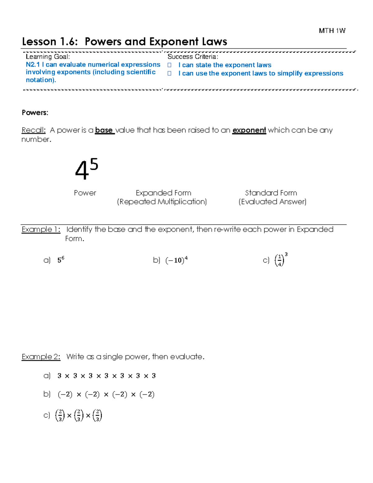 Powers and Exponent Laws - MTH 1W Lesson 1: Powers and Exponent Laws ...