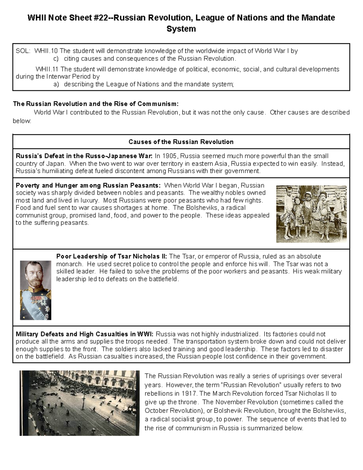 WHII Note Sheet #22- Russian Revolution, League of Nations and Mandate ...