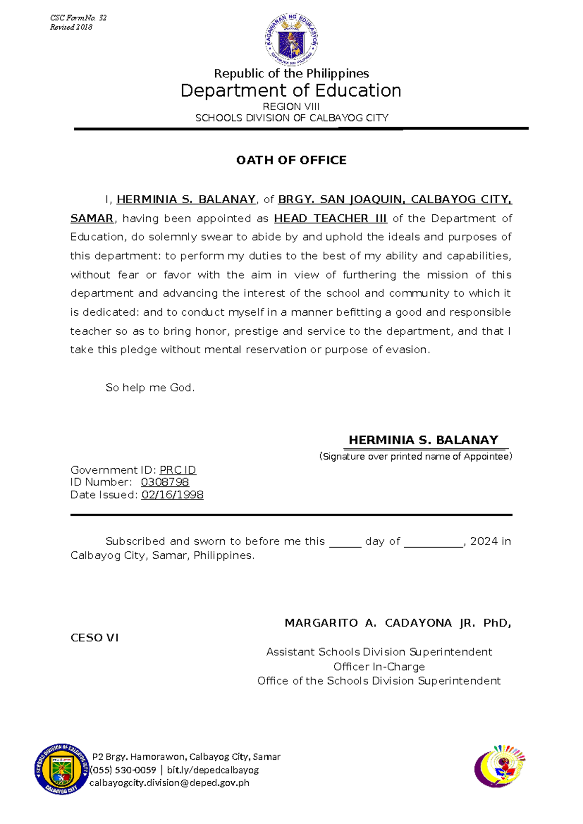 Oath of Office Form No - Revised 2018 Republic of the Philippines Department of Education REGION ...