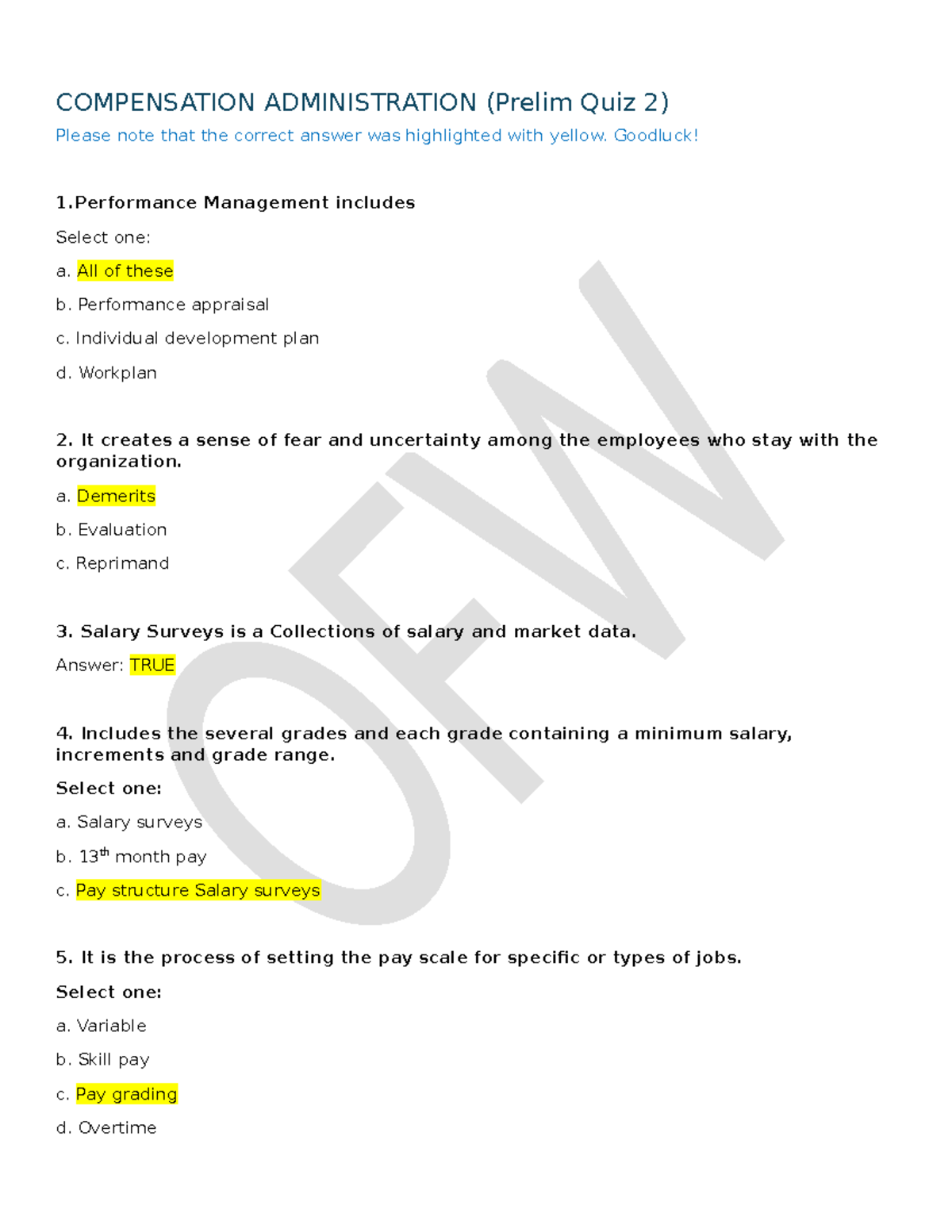Compensation Admin. Prelim Quiz 2 - COMPENSATION ADMINISTRATION (Prelim ...