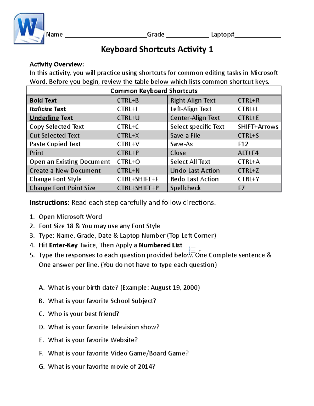 MSWord Baxic Keyboard SC Activity 1-1 - Name __________Grade ...
