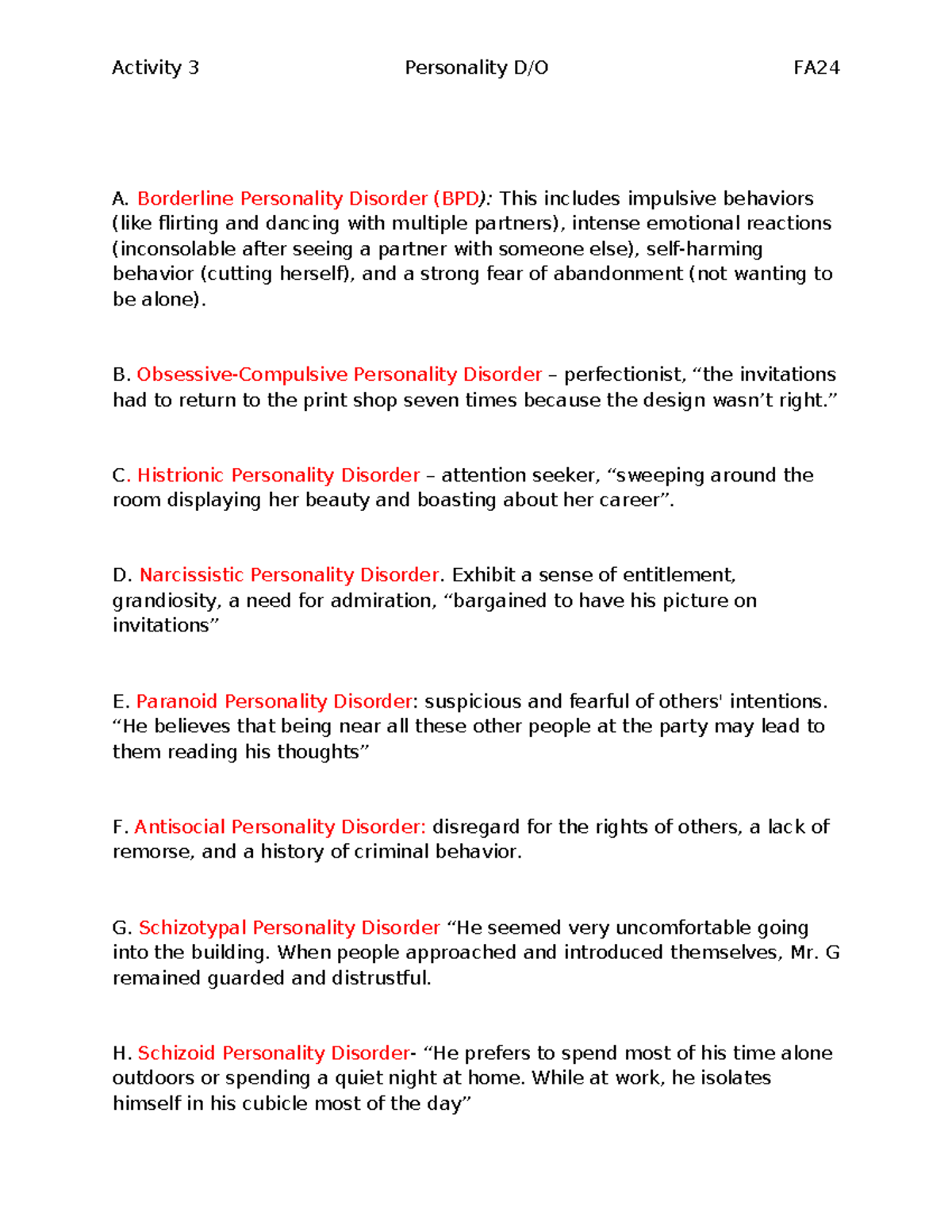 Activity 3 Personality Disorders - Activity 3 Personality D/O FA A ...