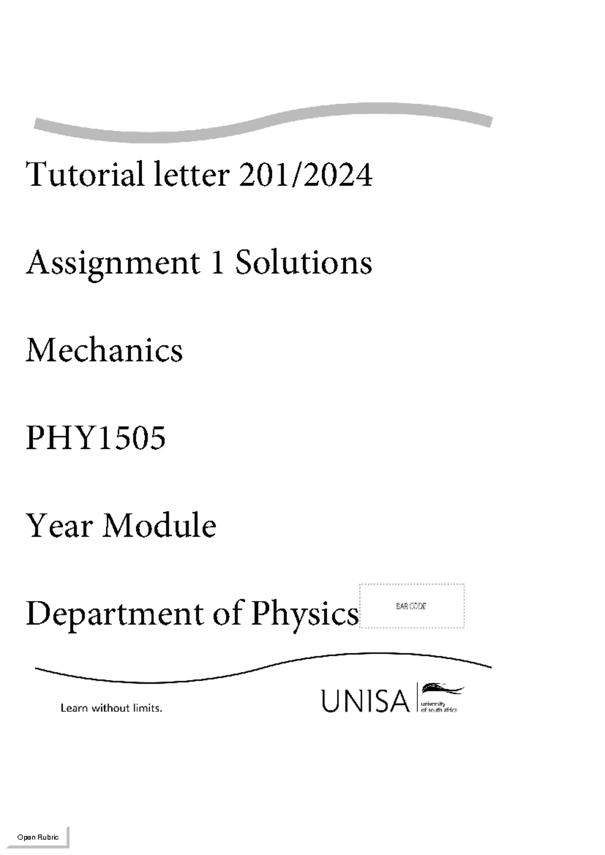 PHY1505 Assignment 01 Solutions 2024 - Tutorial letter 201/ Assignment ...