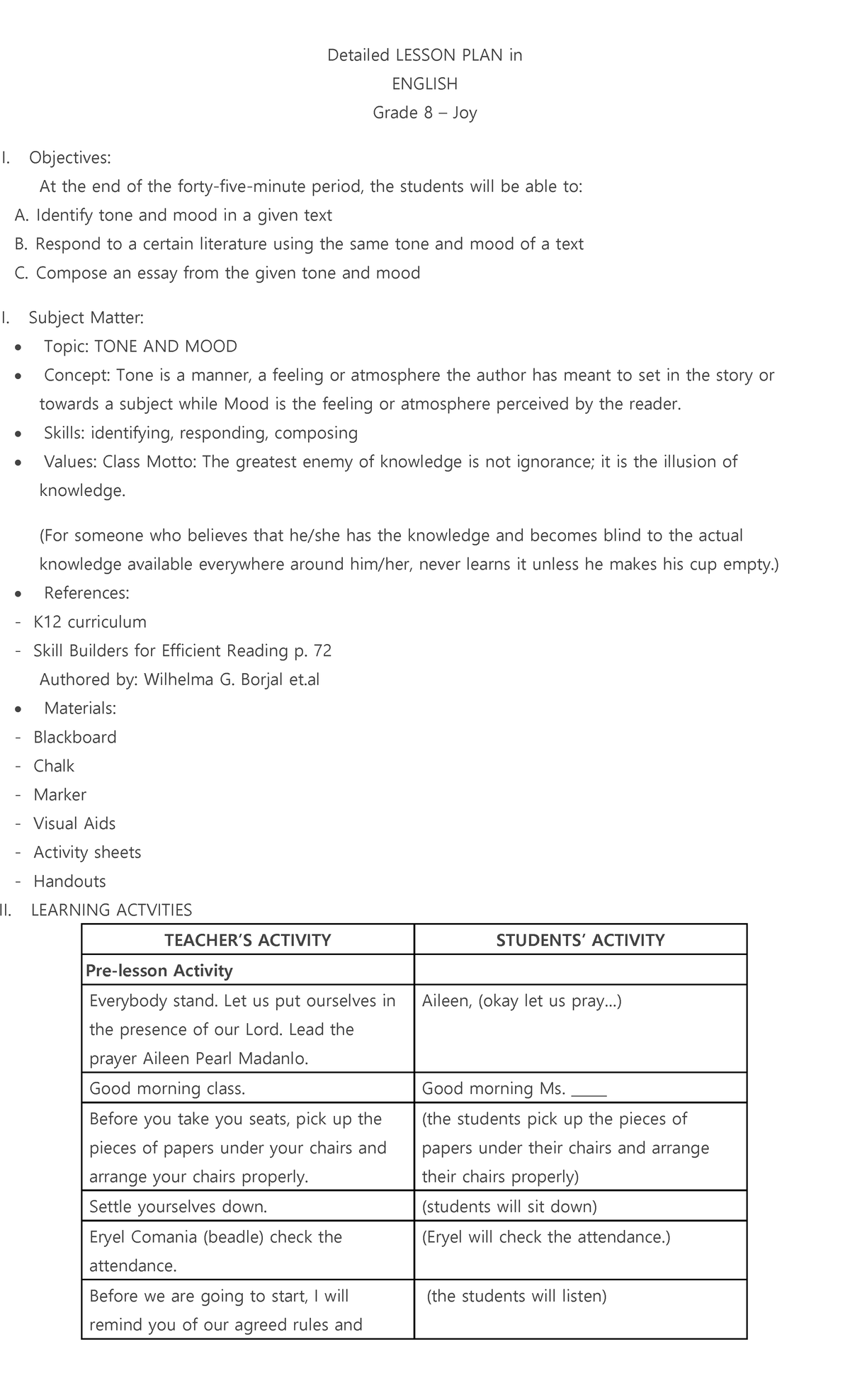 Pdfcoffee - A lesson plan reference - Detailed LESSON PLAN in ENGLISH ...
