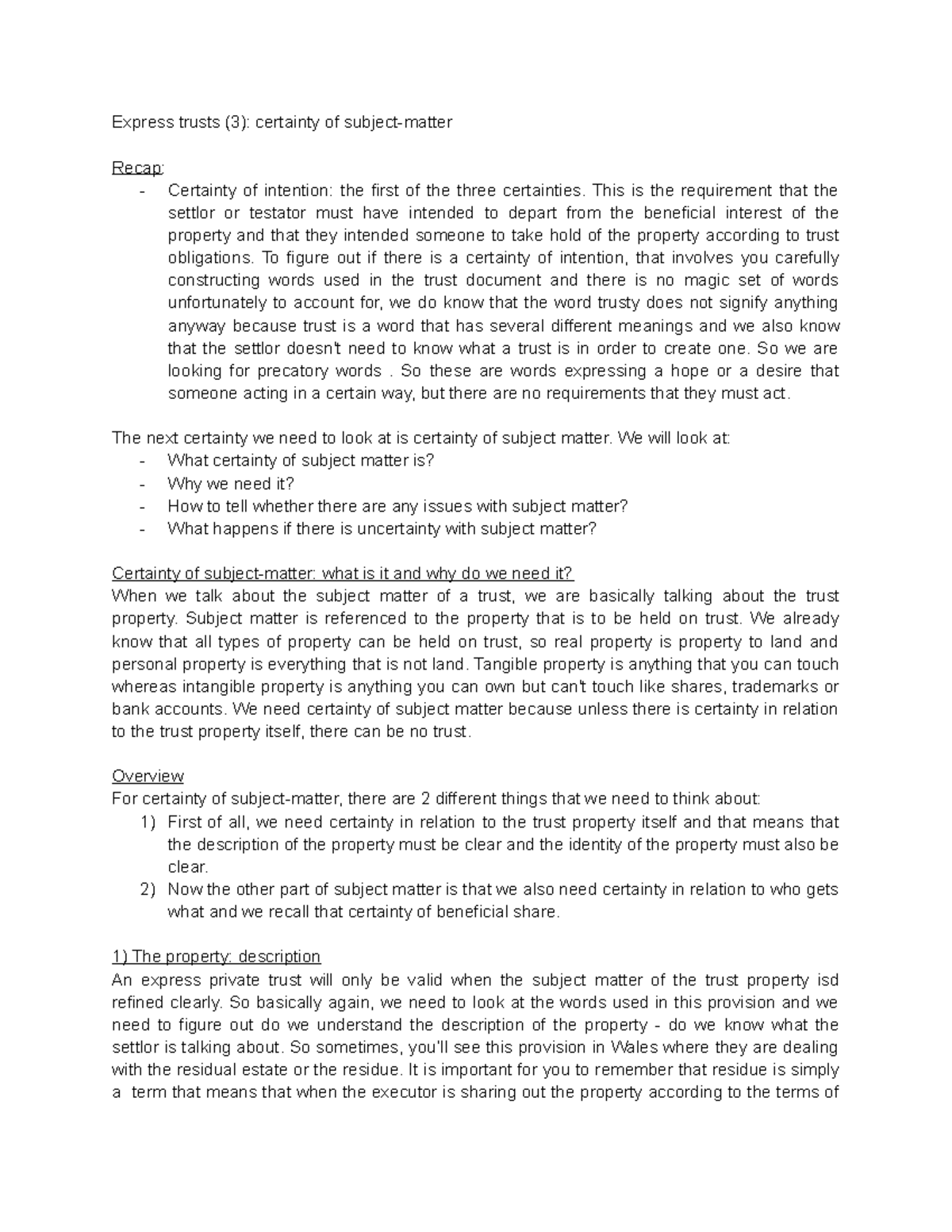 Equity and Trusts Express trusts (3) certainty of subject-matter ...