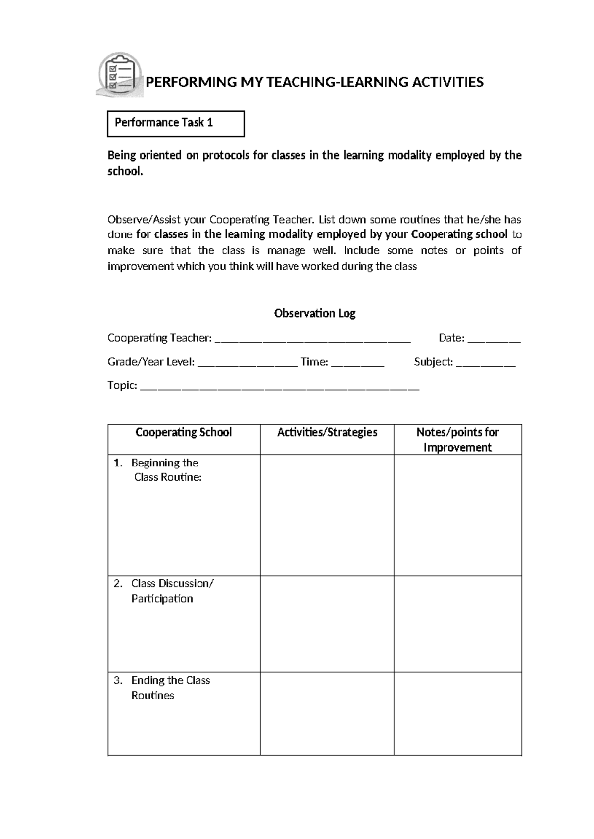 Learning Task of Teaching Internship - PERFORMING MY TEACHING-LEARNING ...