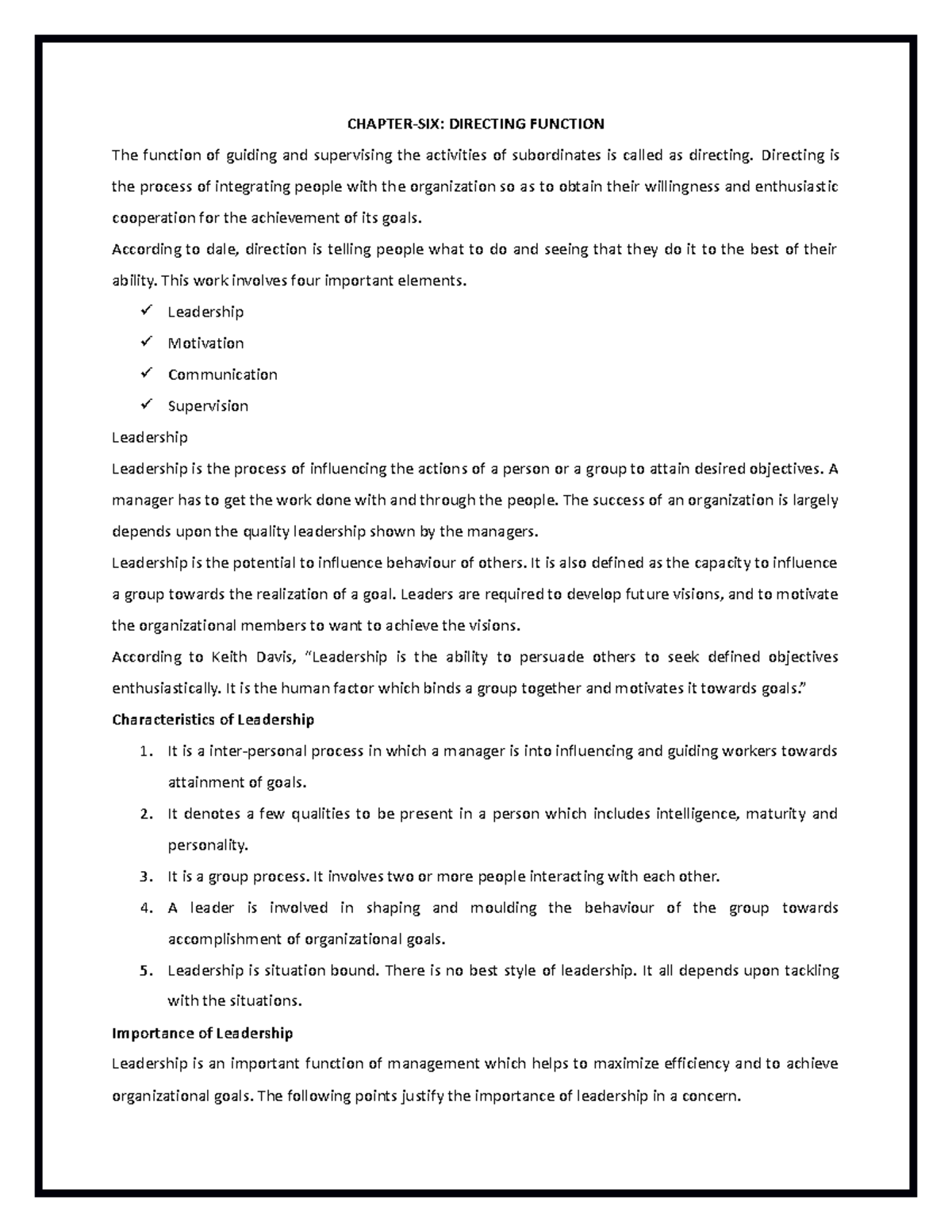 Chapter - VI - CHAPTER-SIX: DIRECTING FUNCTION The function of guiding and supervising the - Studocu