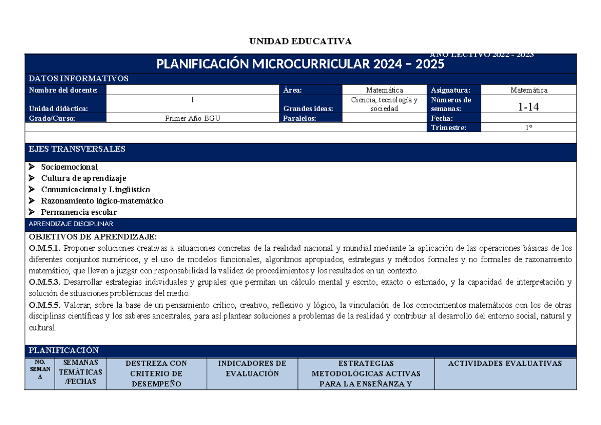 1ERO - Primer Trimestre - UNIDAD EDUCATIVA PLANIFICACIÓN MICROCURRICULAR 2024 – 2025 DATOS - Studocu