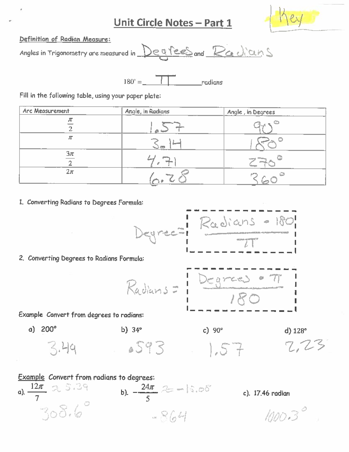Unit Circle Notes Part 1 KEY - in Degrees R 2 1 T 3 3 2 4 2n 6 360 1 ...