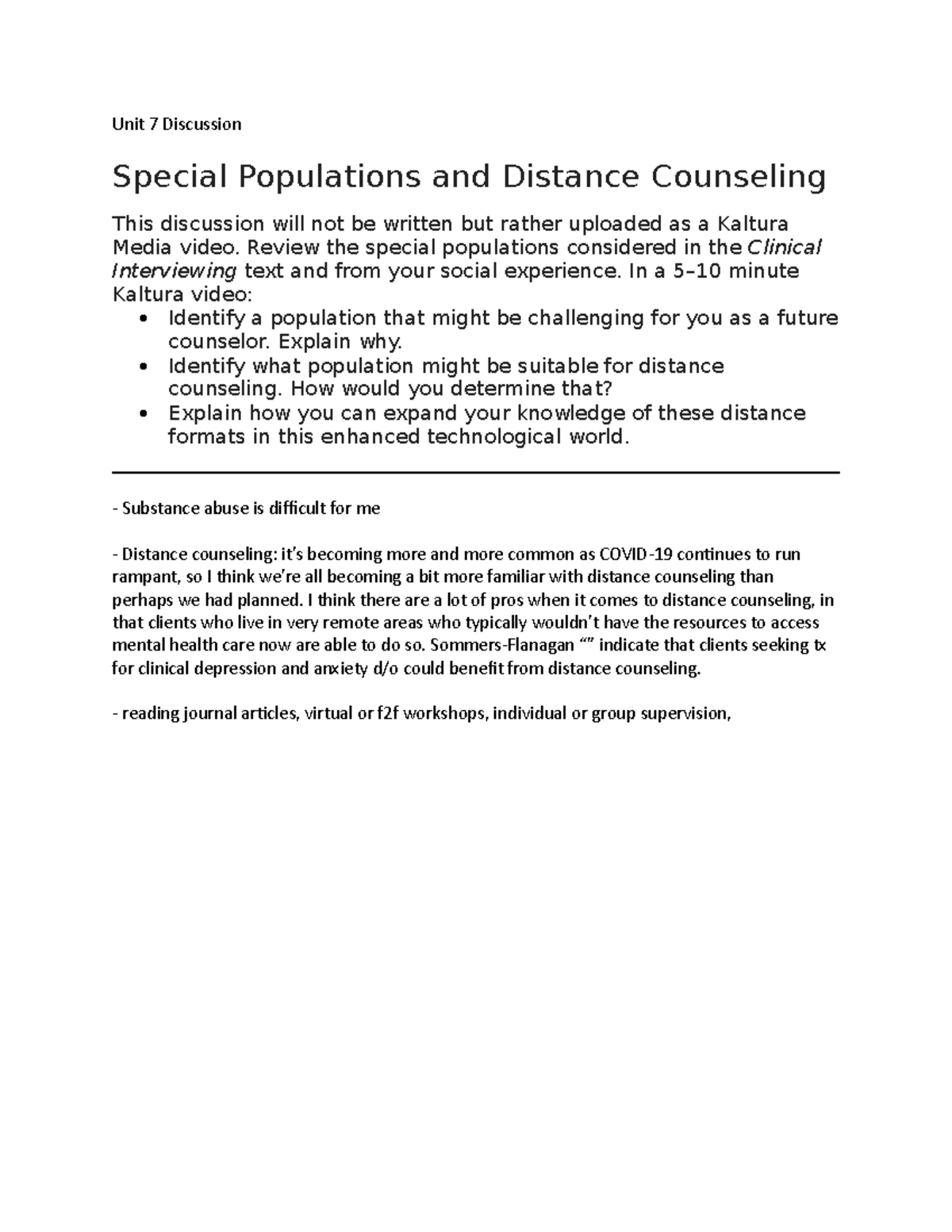 U7 Discussion post - Unit 7 Discussion Special Populations and Distance ...