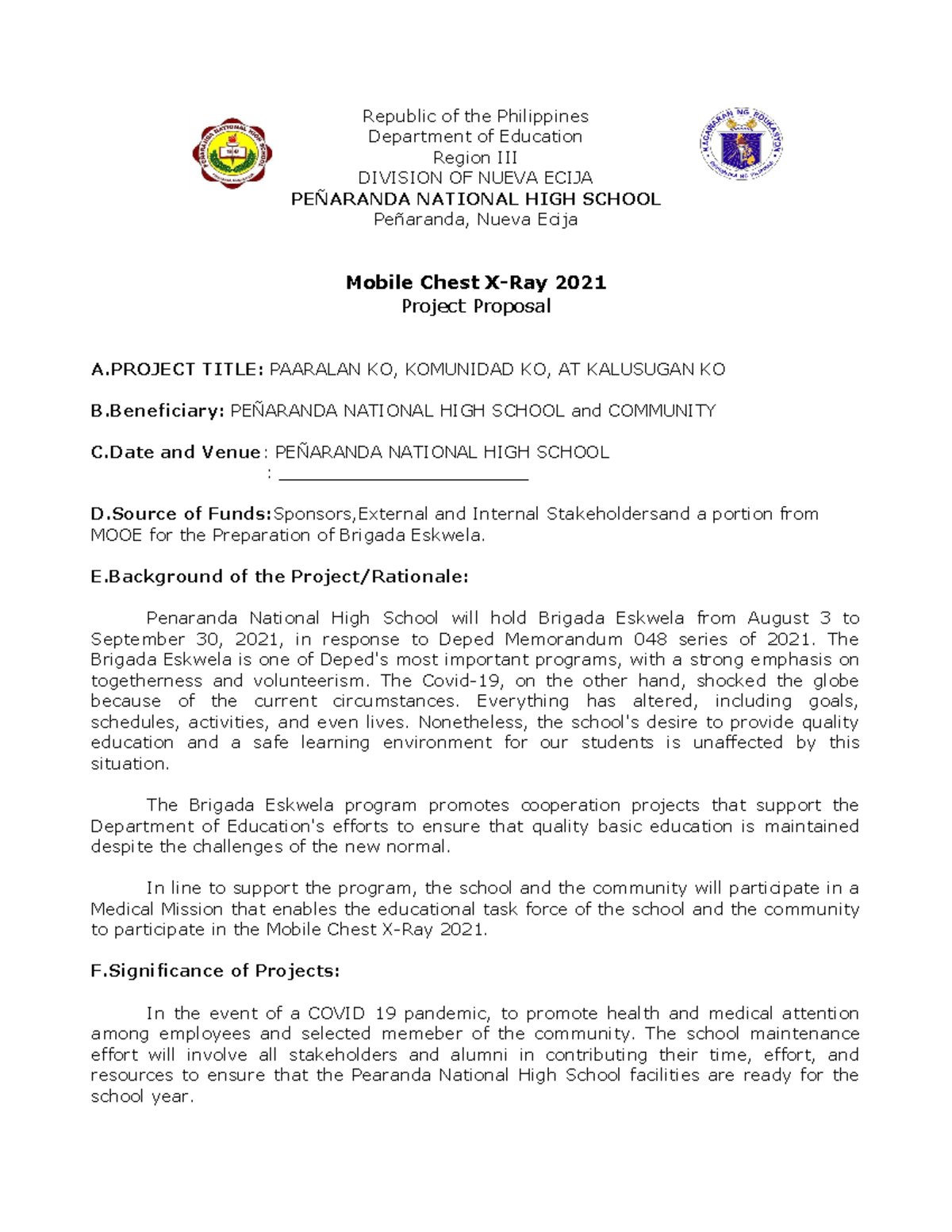 Brigada Eskwela Project Proposal - Republic of the Philippines ...