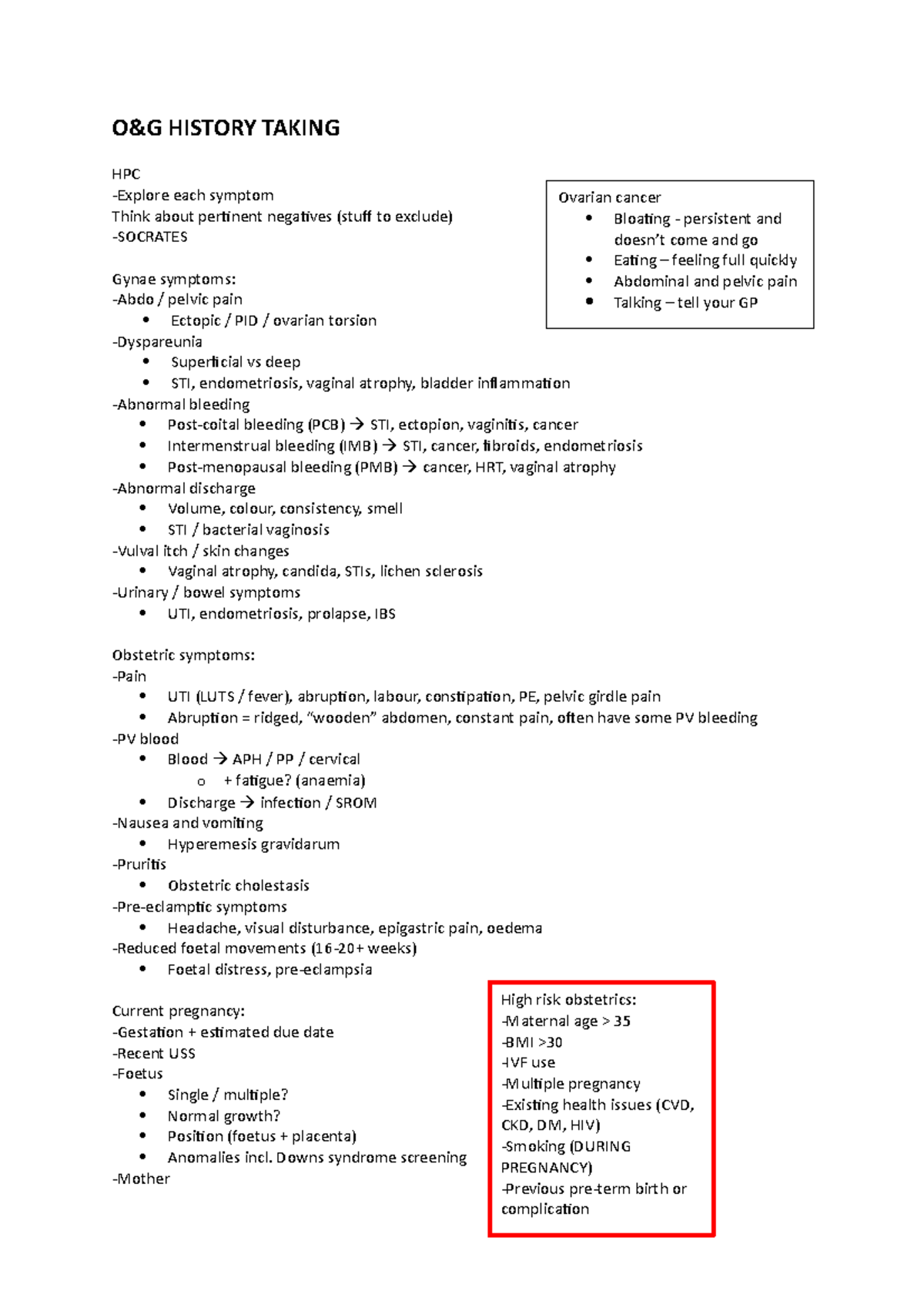 O&G History Taking - O&G HISTORY TAKING HPC -Explore each symptom Think ...