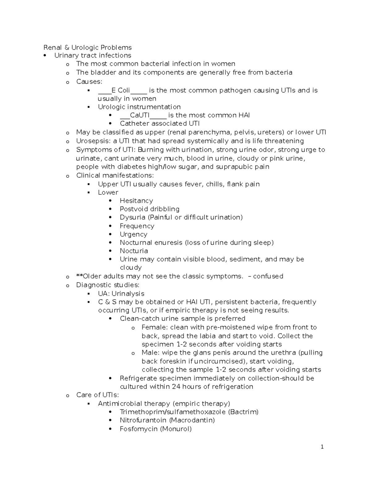 Kidney Notes-Student Notes - Renal & Urologic Problems Urinary tract ...