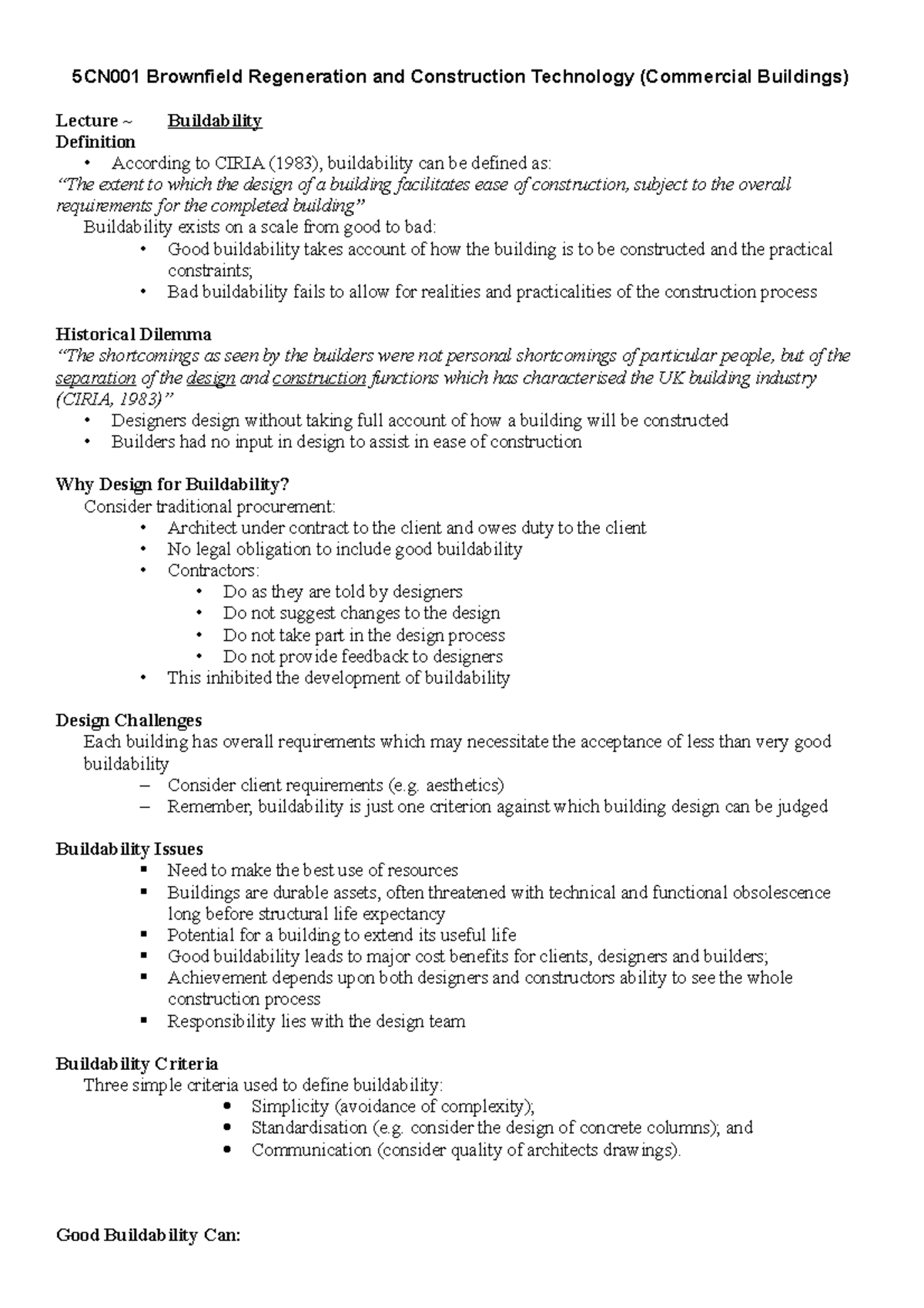 Lec 3 Buildability Student Notes - 5CN001 Brownfield Regeneration and ...