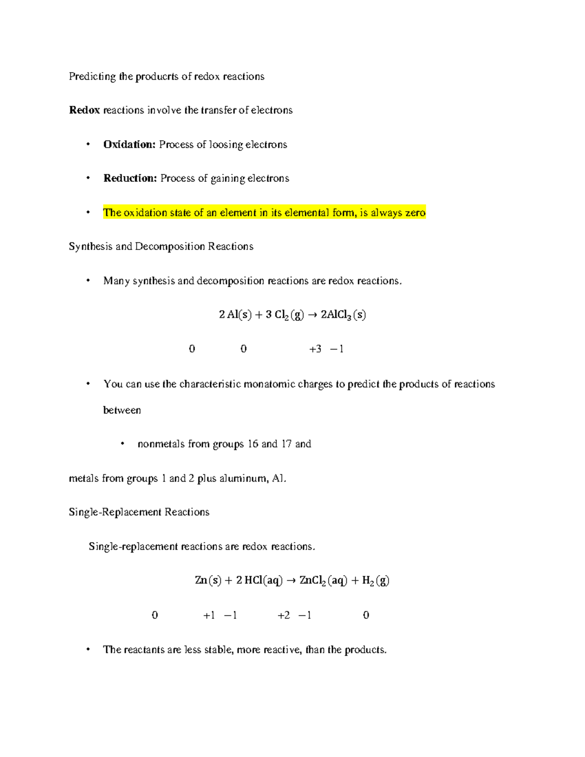 Predicting the producrts of redox reactions - 2 Al ( s ) 3 Cl 2 ( g ) → ...