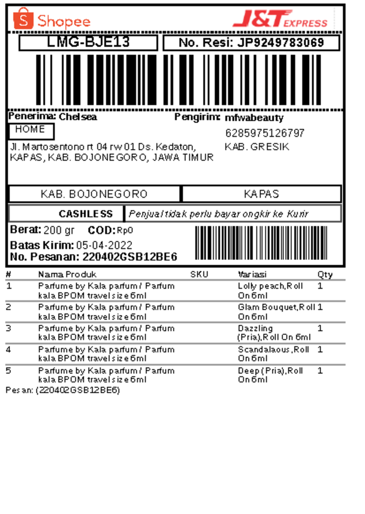 02.04 Label Pengiriman tanggal 2 april 2022 jnt express ekspedisi ...
