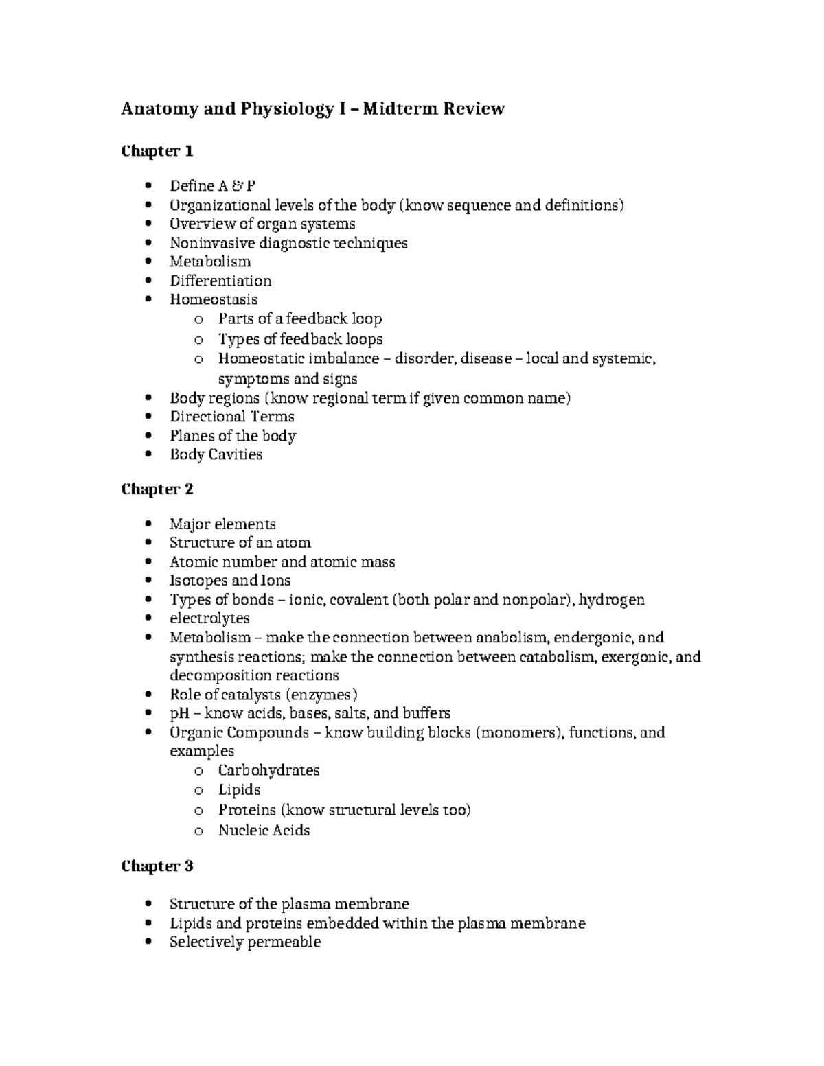 A&P midterm study guide - Anatomy and Physiology I – Midterm Review ...
