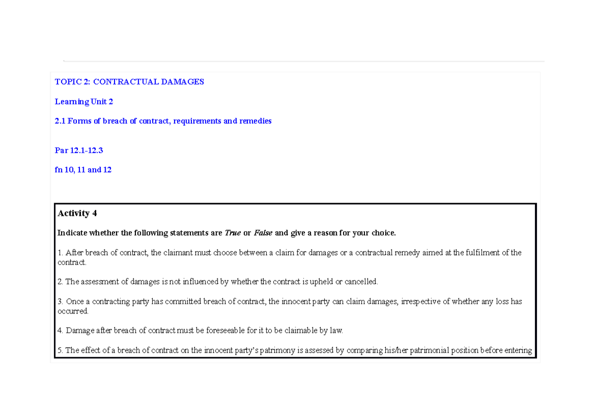Damages - View TOPIC 2: CONTRACTUAL DAMAGES Learning Unit 2 2 Forms of ...