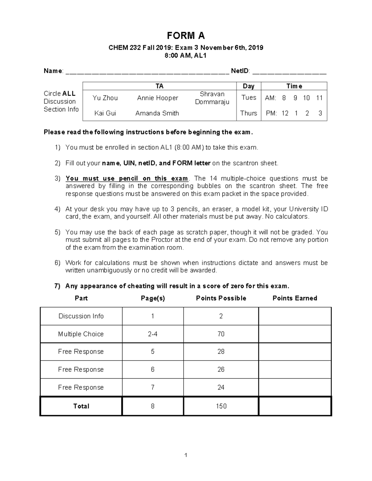 Exam 3 F2019 8AM Form A - CHEM 232 Fall 2019: Exam 3 November 6th, 2019 ...