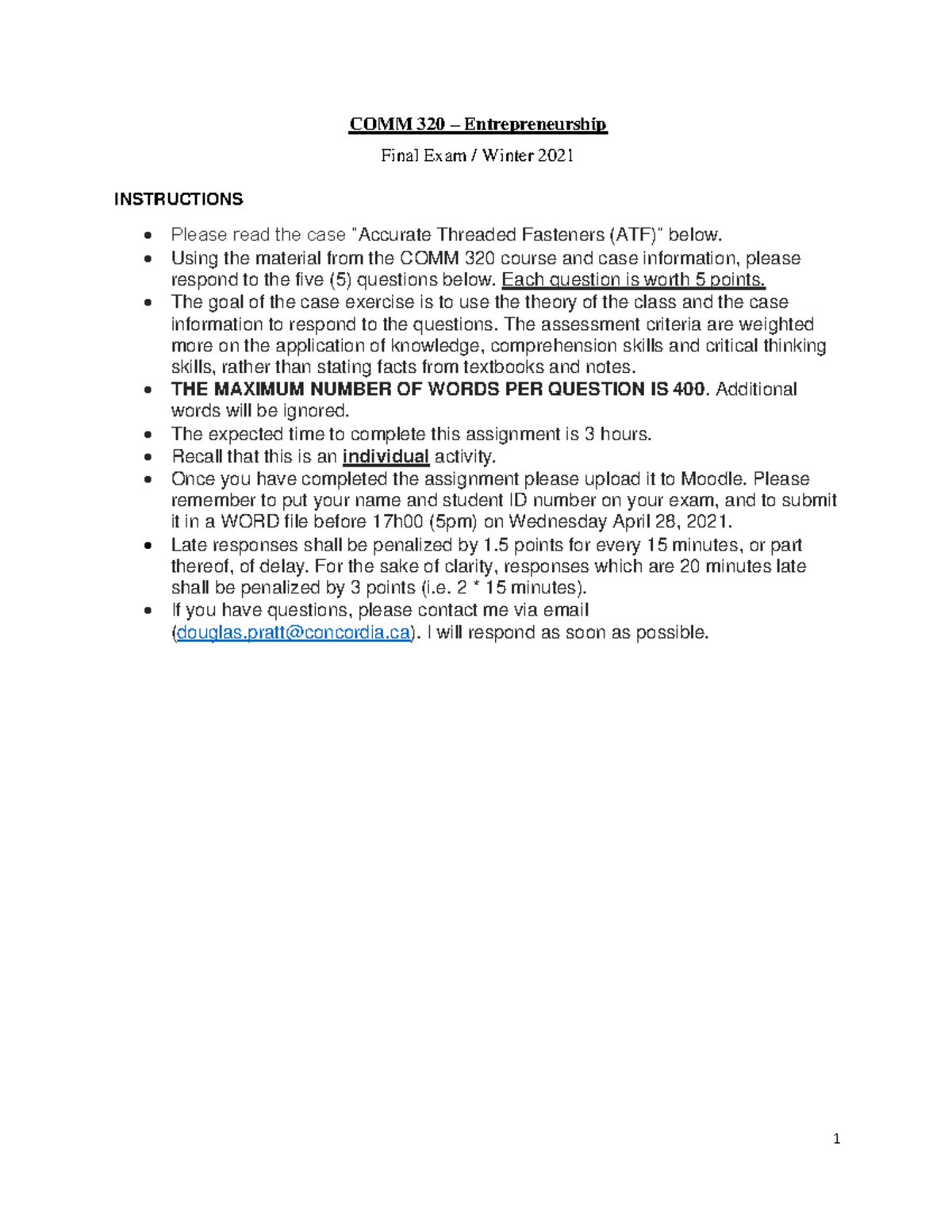 Final Case Exam - COMM 320 Winter 2021 - COMM 320 – Entrepreneurship ...
