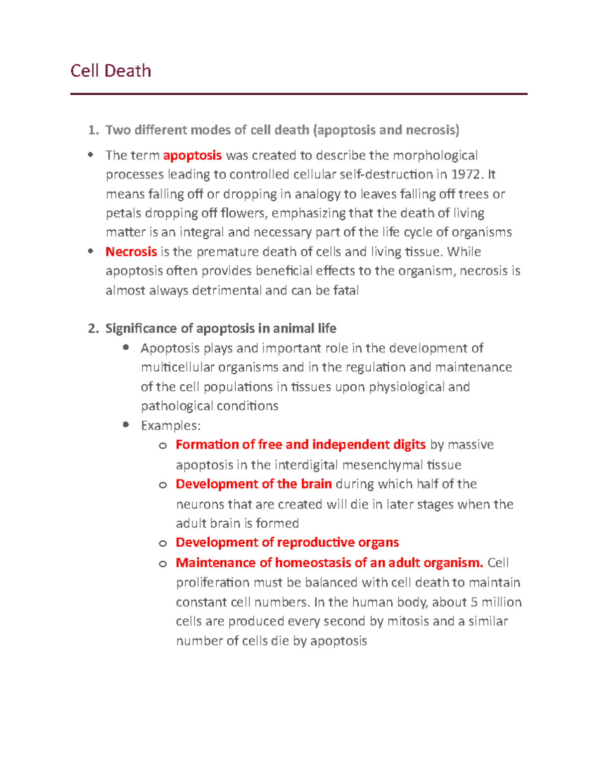 Cell Death - lecture notes highlighting apoptosis and necrosis and ...