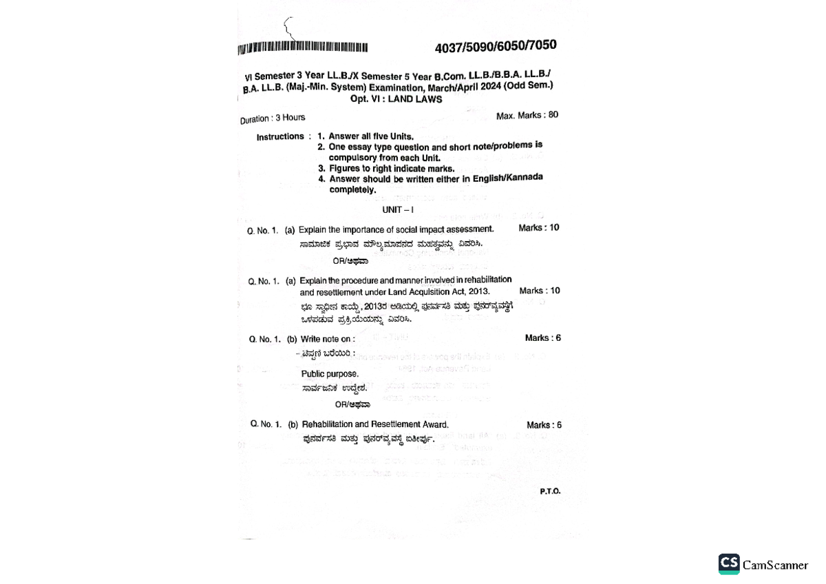 Land law question paper - VI Semester 3 Year Semester 5 Year B. B. LL ...